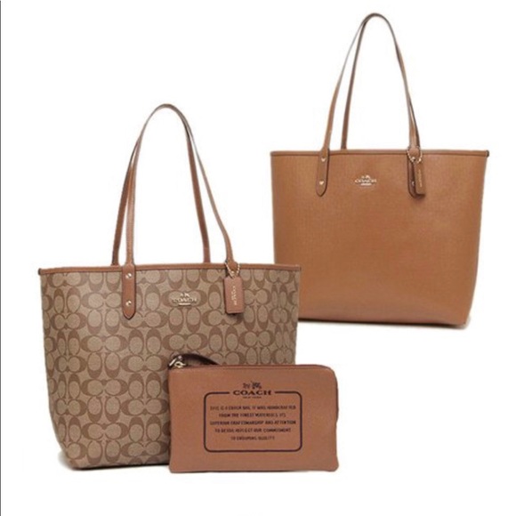 Coach | Bags | Coach Signature Reversible Pvc Brown Khaki Tote | Poshmark